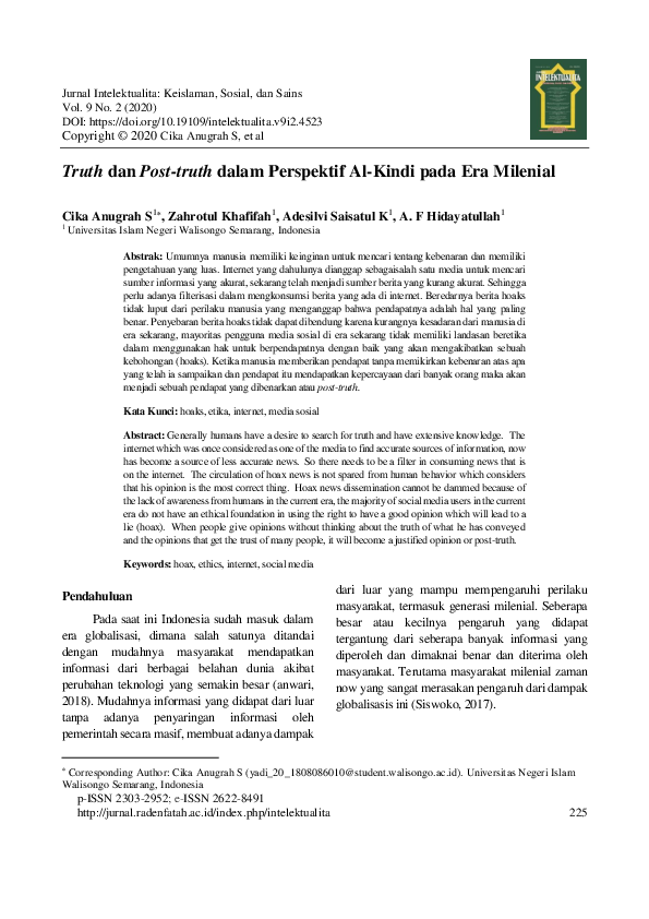 (PDF) Truth dan Post-truth dalam Perspektif Al-Kindi pada Era Milenial