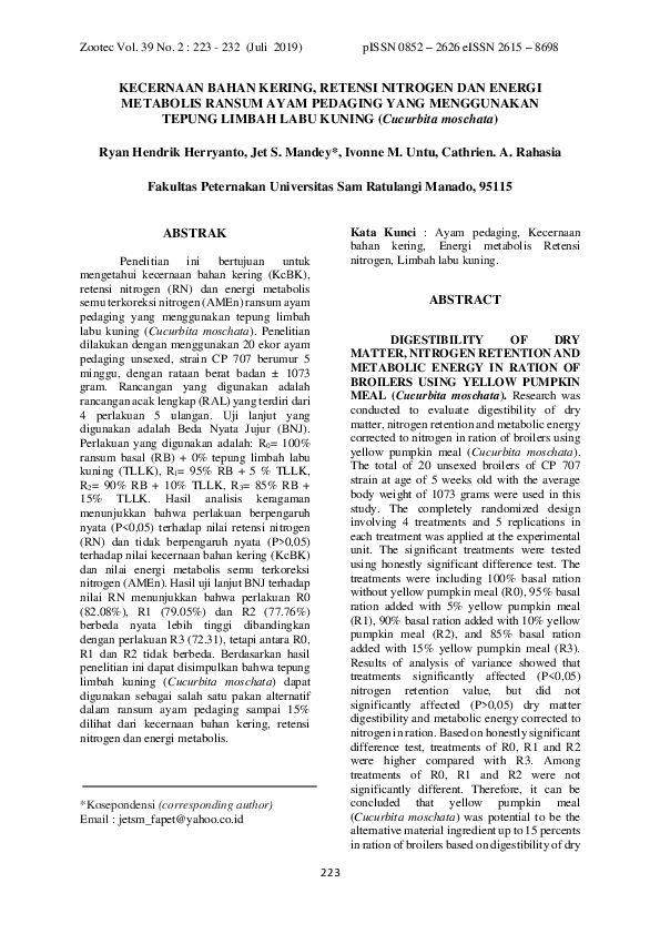 (PDF) KECERNAAN BAHAN KERING, RETENSI NITROGEN DAN ENERGI METABOLIS RANSUM AYAM PEDAGING YANG ...