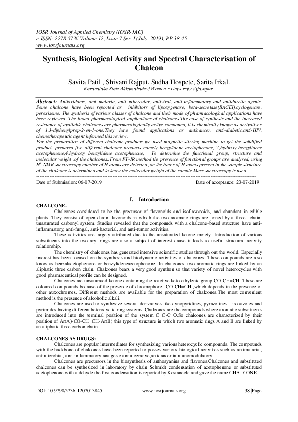(PDF) Synthesis, Biological Activity and Spectral Characterisation of Chalcon