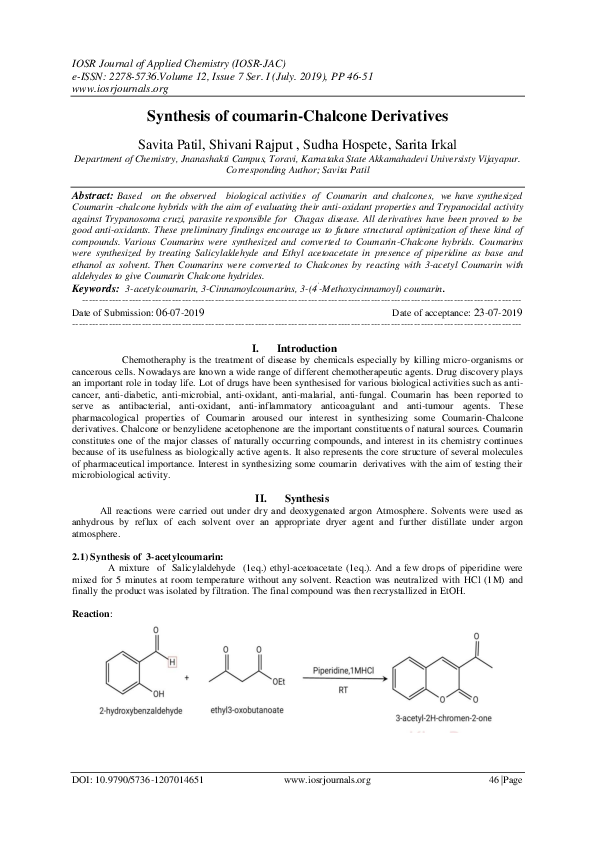 (PDF) Synthesis of coumarin-Chalcone Derivatives