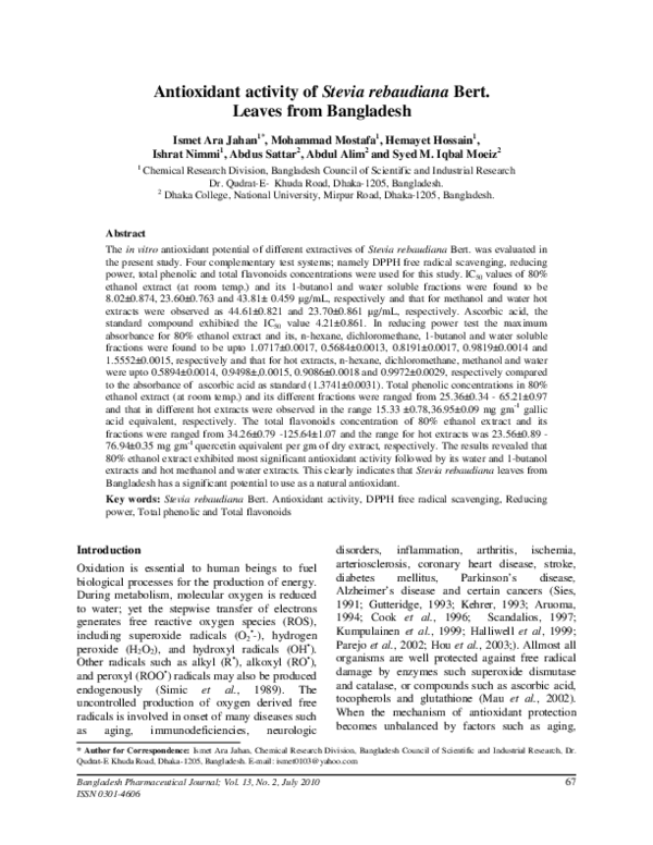 (PDF) Antioxidant activity of Stevia rebaudiana Bert. Leaves from ...