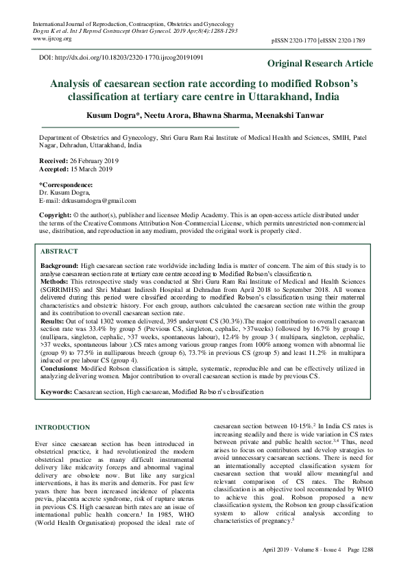 (PDF) Analysis of caesarean section rate according to modified Robson’s ...