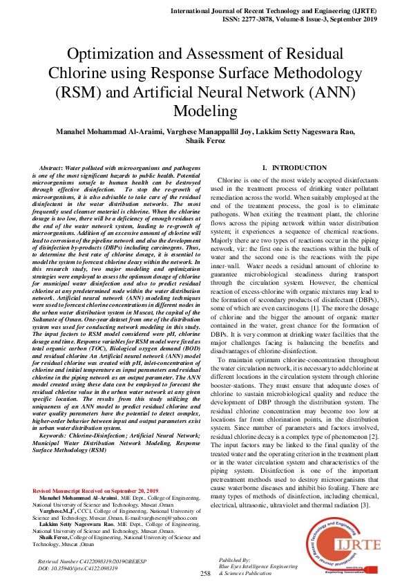 Pdf Optimization And Assessment Of Residual Chlorine Using Response Surface Methodology Rsm