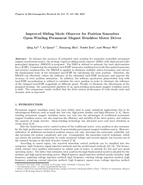 Pdf Improved Sliding Mode Observer For Position Sensorless Open Winding Permanent Magnet