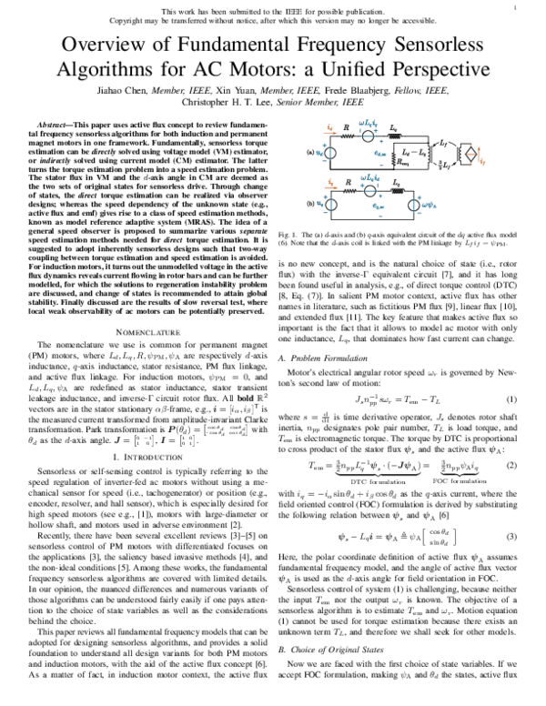 (PDF) Overview of Fundamental Frequency Sensorless Algorithms for AC Motors: a Unified Perspective