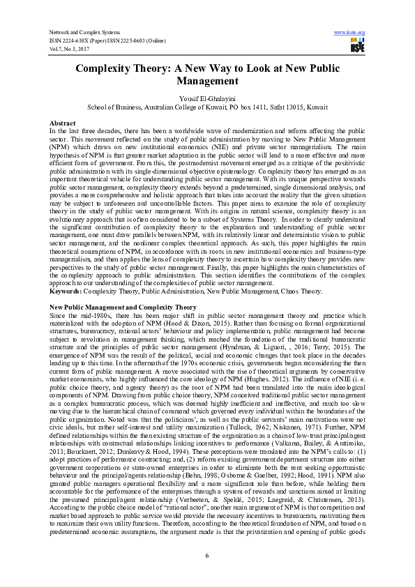 (PDF) Complexity Theory: A New Way to Look at New Public Management