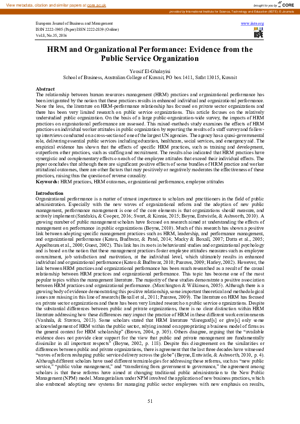 (PDF) HRM and Organizational Performance: Evidence from the Public ...