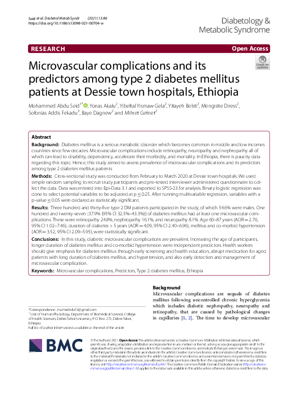 Pdf Microvascular Complications And Its Predictors Among Type 2