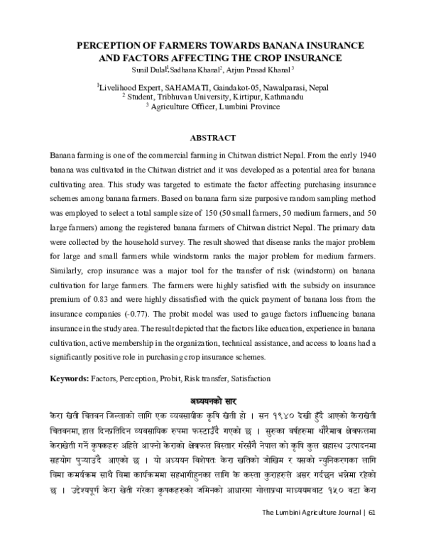 (PDF) PERCEPTION OF FARMERS TOWARDS BANANA INSURANCE AND FACTORS AFFECTING THE CROP INSURANCE ...
