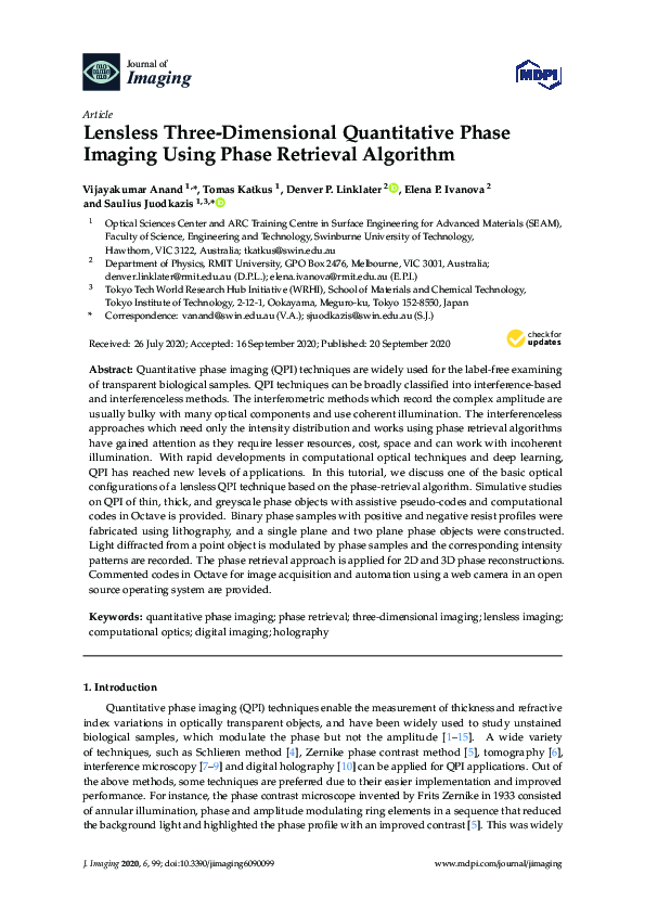 Pdf Lensless Three Dimensional Quantitative Phase Imaging Using Phase