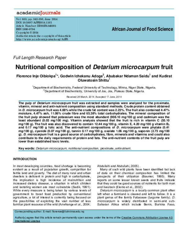 (PDF) Nutritional composition of Detarium microcarpum fruit | Abubakar ...