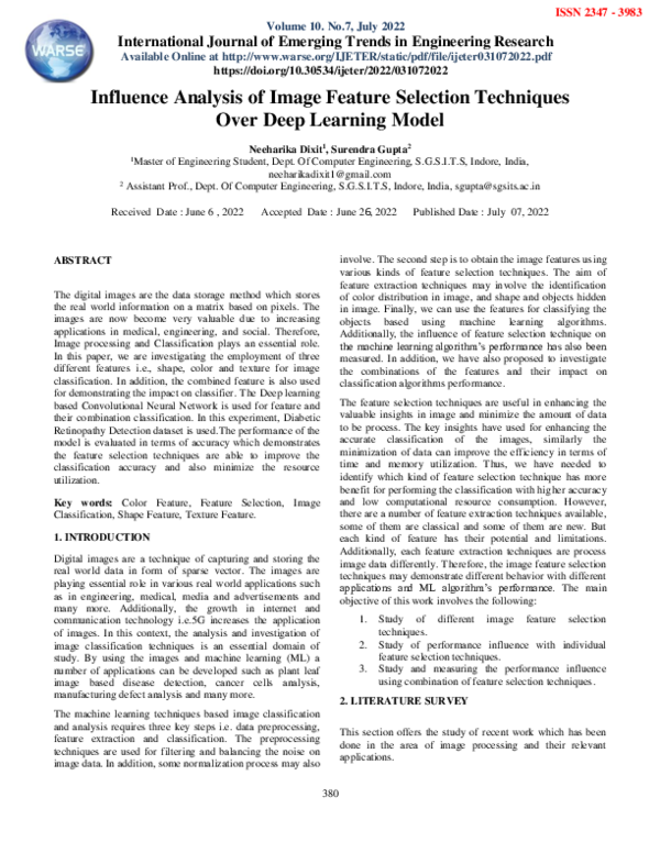 Pdf Influence Analysis Of Image Feature Selection Techniques Over