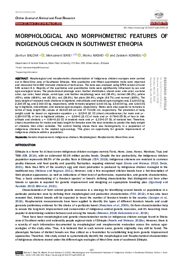 (PDF) Morphological and morphometric features of indigenous chicken in Southwest Ethiopia