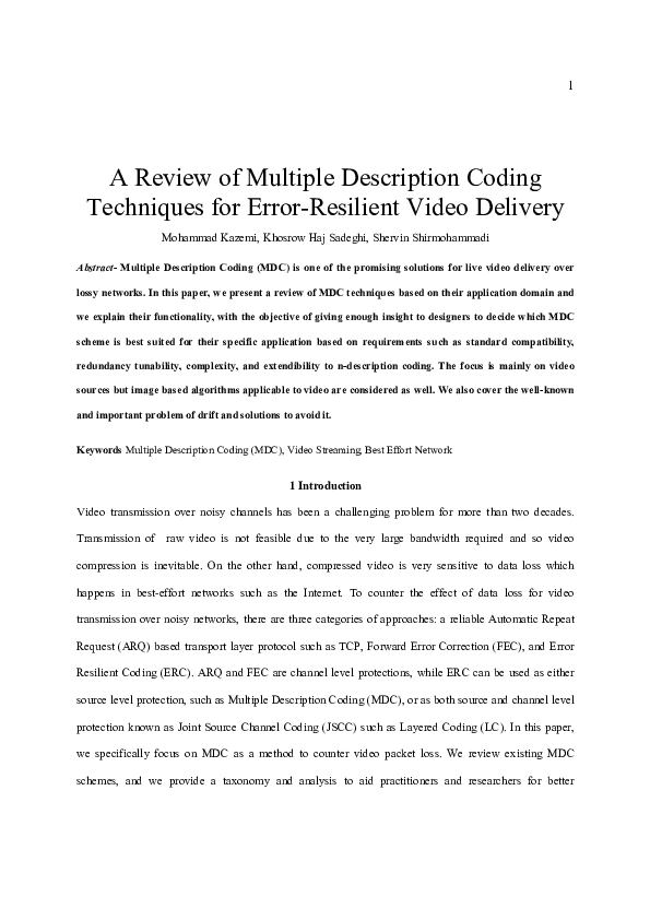 (PDF) A review of multiple description coding techniques for error-resilient video delivery