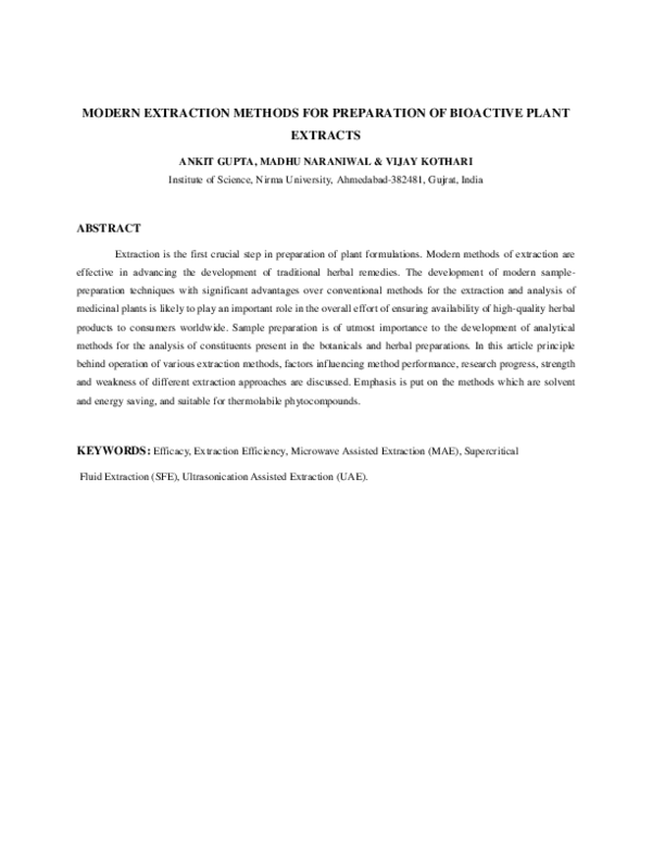 (PDF) Extraction methods for preparation of bioactive plant extracts: A comparative study