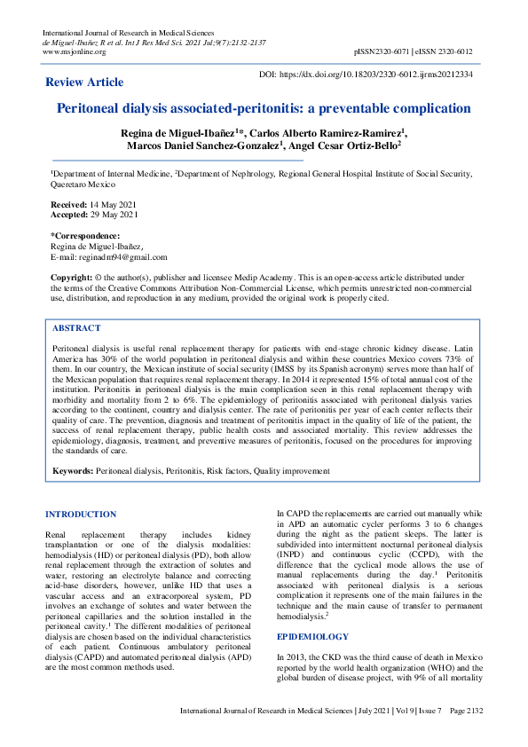 (PDF) Peritoneal dialysis associated-peritonitis: a preventable ...