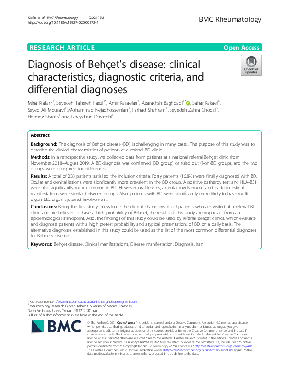 (PDF) Diagnosis of Behçet’s disease: clinical characteristics ...