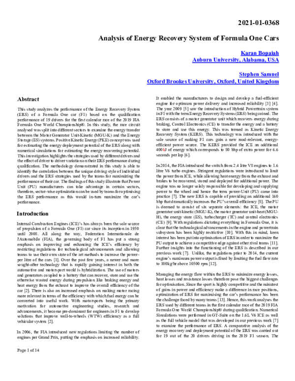 (PDF) Analysis of Energy Recovery System of Formula One Cars