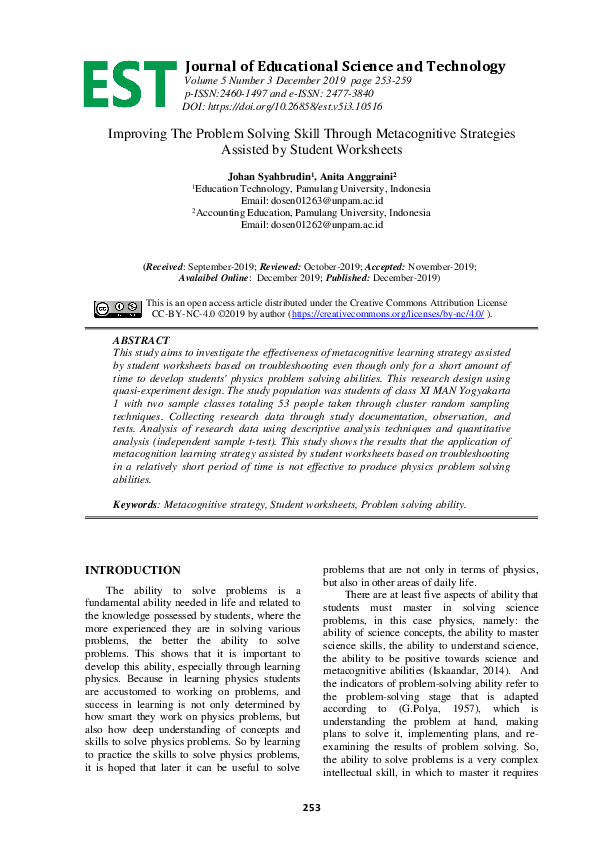 (PDF) Improving The Problem Solving Skill Through Metacognitive Strategies Assisted by Student ...