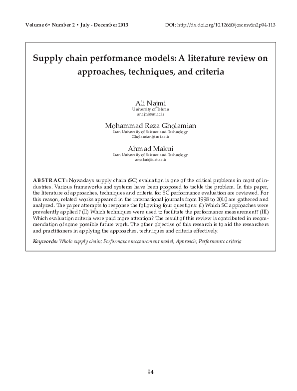 (PDF) Supply chain performance models: A literature review on ...