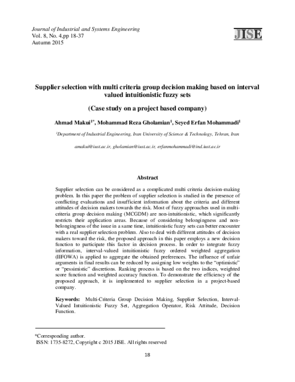 (PDF) Interval-Valued Intuitionistic Fuzzy Sets for Supplier Selection