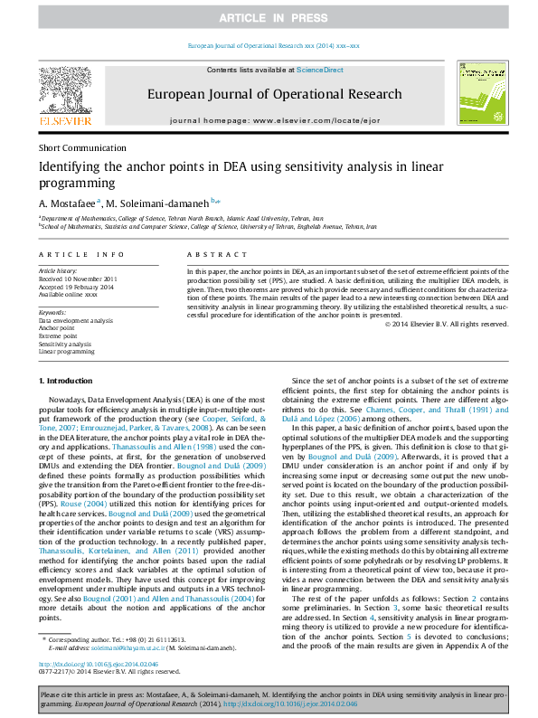 (PDF) Identifying the anchor points in DEA using sensitivity analysis in linear programming