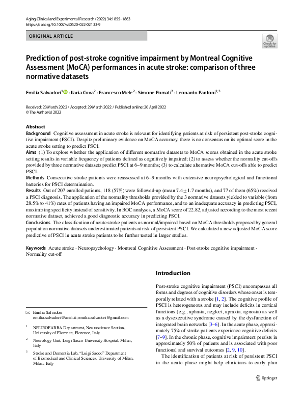 (PDF) Prediction of post-stroke cognitive impairment by Montreal Cognitive Assessment (MoCA ...