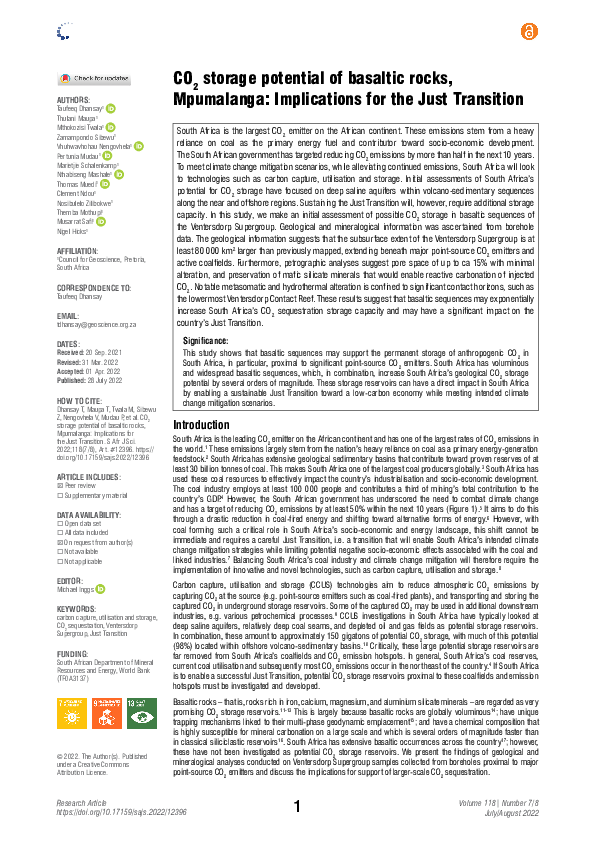 (PDF) CO2 storage potential of basaltic rocks, Mpumalanga: Implications ...
