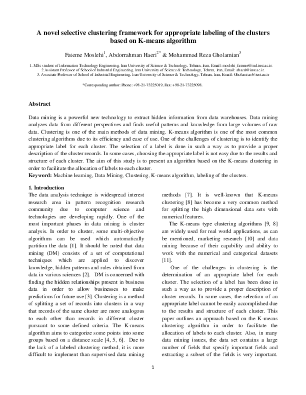 Pdf A Novel Selective Clustering Framework For Appropriate Labeling Of The Clusters Based On K