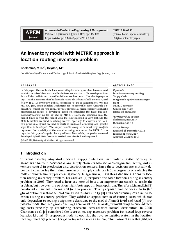 Pdf An Inventory Model With Metric Approach In Location Routing Inventory Problem