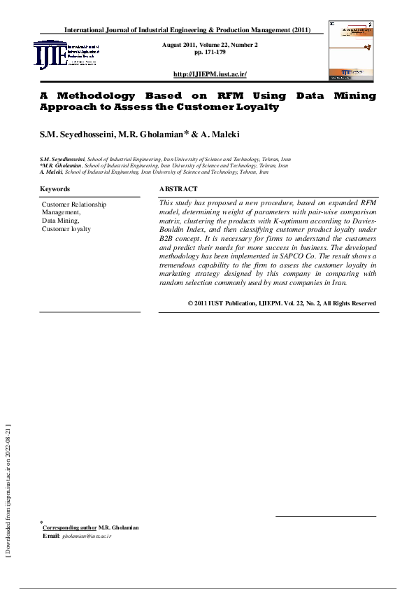 Pdf A Methodology Based On Rfm Using Data Mining Approach To Assess