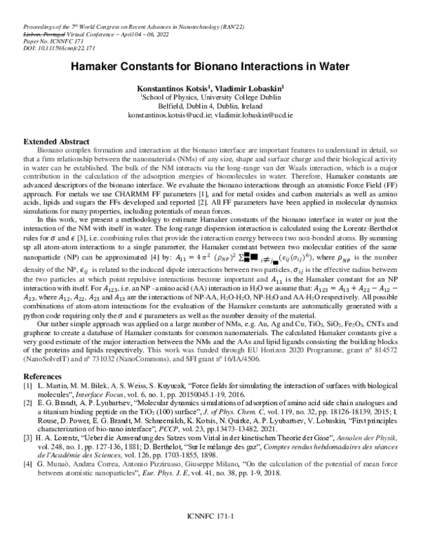 (PDF) Hamaker Constants for Bionano Interactions in Water