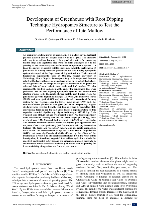 Development of Greenhouse with Root Dipping Technique Hydroponics ...
