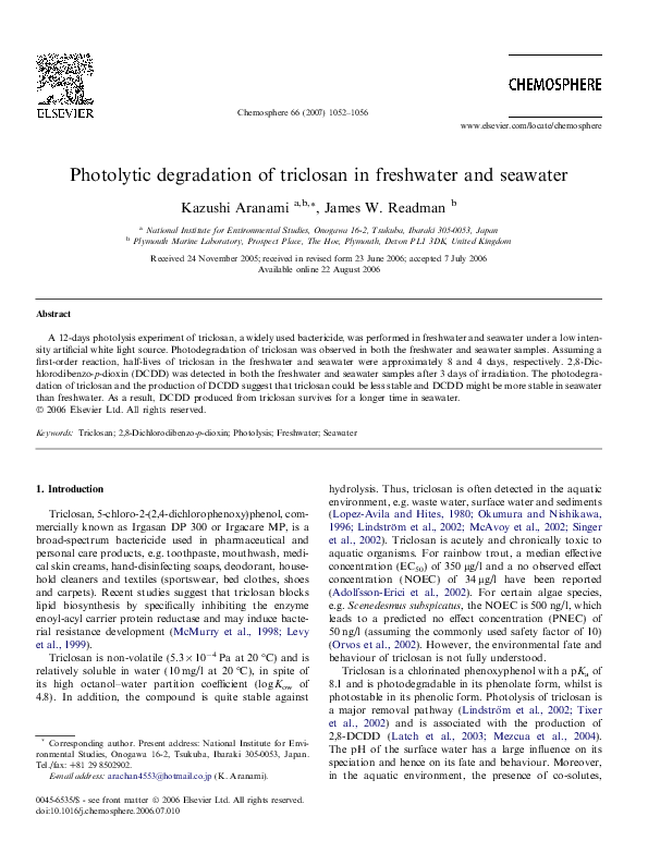 (PDF) Photolytic degradation of triclosan in freshwater and seawater ...