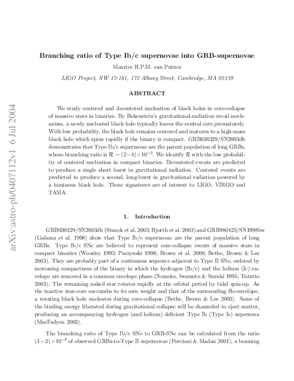 (PDF) The Branching Ratio of Type Ib/c Supernovae to Gamma-Ray Burst ...