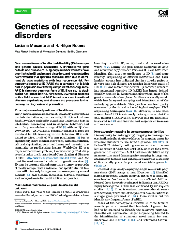 (PDF) Genetics of recessive cognitive disorders | H. Ropers - Academia.edu