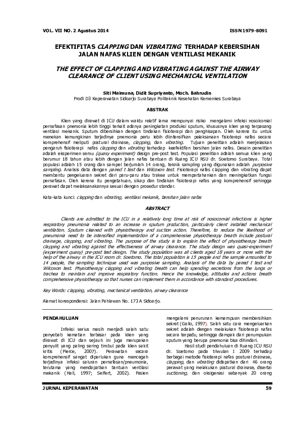 (PDF) Efektifitas Clapping Dan Vibrating Terhadap Kebersihan Jalan Nafas Klien Dengan Ventilasi ...