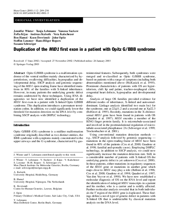 (PDF) Duplication of the MID1 first exon in a patient with Opitz G/BBB ...