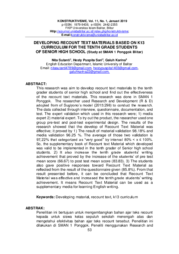 (PDF) Developing Recount Text Materials Based on K13 Curriculum for the ...
