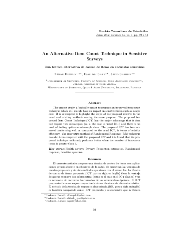 (PDF) An Alternative Item Count Technique in Sensitive Surveys Una ...