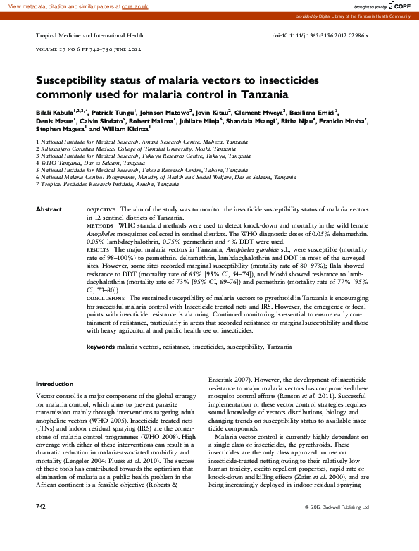 (PDF) Susceptibility status of malaria vectors to insecticides commonly ...