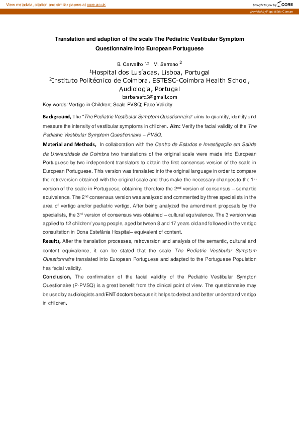 (PDF) Translation and adaptation of the scale The Pediatric Vestibular ...