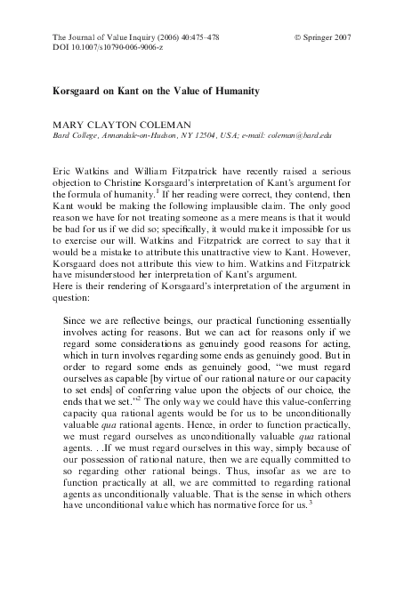 (PDF) Korsgaard on Kant on the Value of Humanity