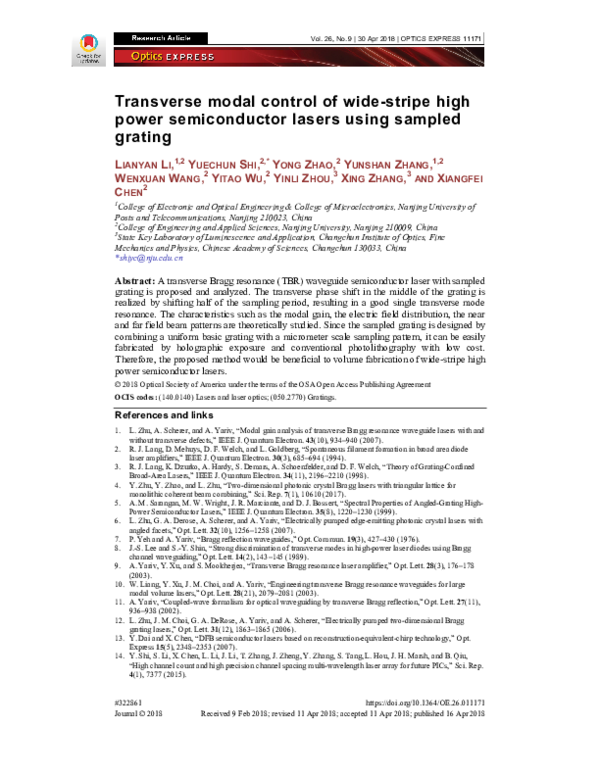 Pdf Transverse Modal Control Of Wide Stripe High Power Semiconductor Lasers Using Sampled