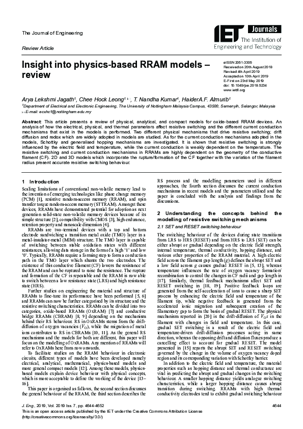 (PDF) An Insight Into Physics Based RRAM Models – A Review