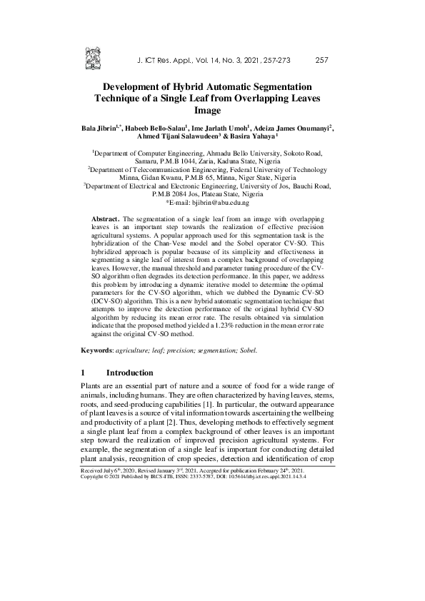(PDF) Development of Hybrid Automatic Segmentation Technique of a Single Leaf from Overlapping ...