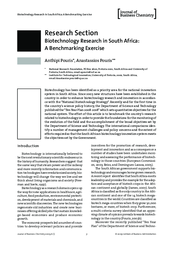 (PDF) Biotechnology research in South Africa:a benchmarking exercise