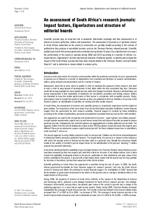 (PDF) An assessment of South Africa’s research journals: Impact factors ...