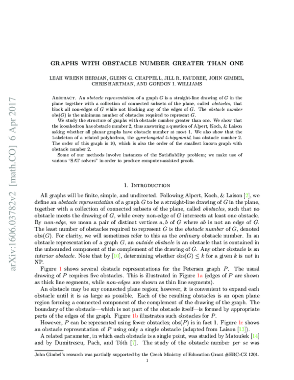 Pdf Graphs With Obstacle Number Greater Than One