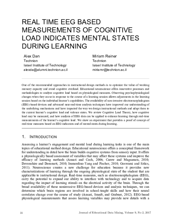 Pdf Eeg Based Analysis Of Cognitive Load Enhance Instructional Analysis